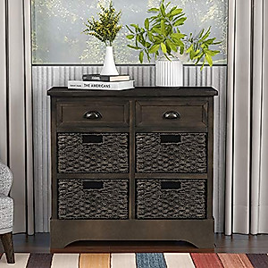 Merax Brown Morden Farmhouse Wood Storage Cabinet with Four Classic Rattan Basket Buffet Sideboard Brownrd for Kitchen/Dining Entryway/Living Room Light Grey, One