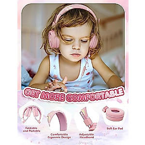 SIMJAR Unicorn Headphones with Microphone for School, Unicorn Rubber Band Included, Volume Limiter 85/94dB, Wired Foldable Girls Headphones for Online Learning/Travel/Tablet/iPad (Pink)