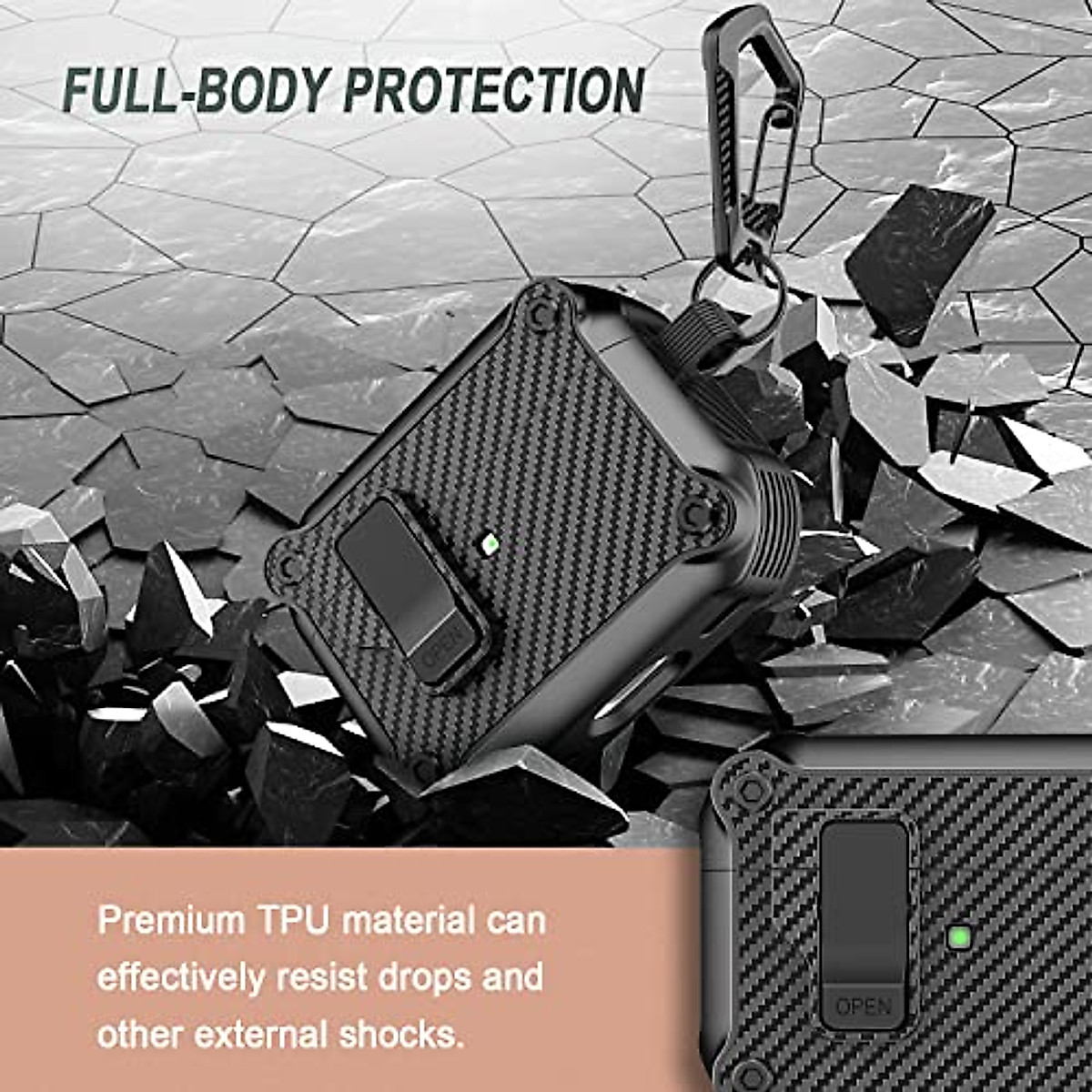 RFUNGUANGO AirPods Pro 2nd /1st Generation Case Cover, Automatic Pop-up Carbon Fiber Case with Secure Lock Clip, Full Body Shockproof Hard Shell Protective Case for AirPods Pro-Black