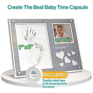 1Dino Premium Baby Handprint and Footprint Kit - 11.6” x 9.3" White/Grey Wood Baby Picture Frame - Includes 2X Air-dry Clay Pack for Baby Hand and Footprints - Baby Registry, Baby Shower Gifts
