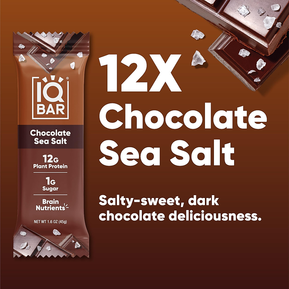 IQBAR Brain and Body Plant Protein Bars - Chocolate Sea Salt - 12-Count Low Carb - Gluten Free, High Fiber, Vegan Snacks - Low Sugar Meal Replacement
