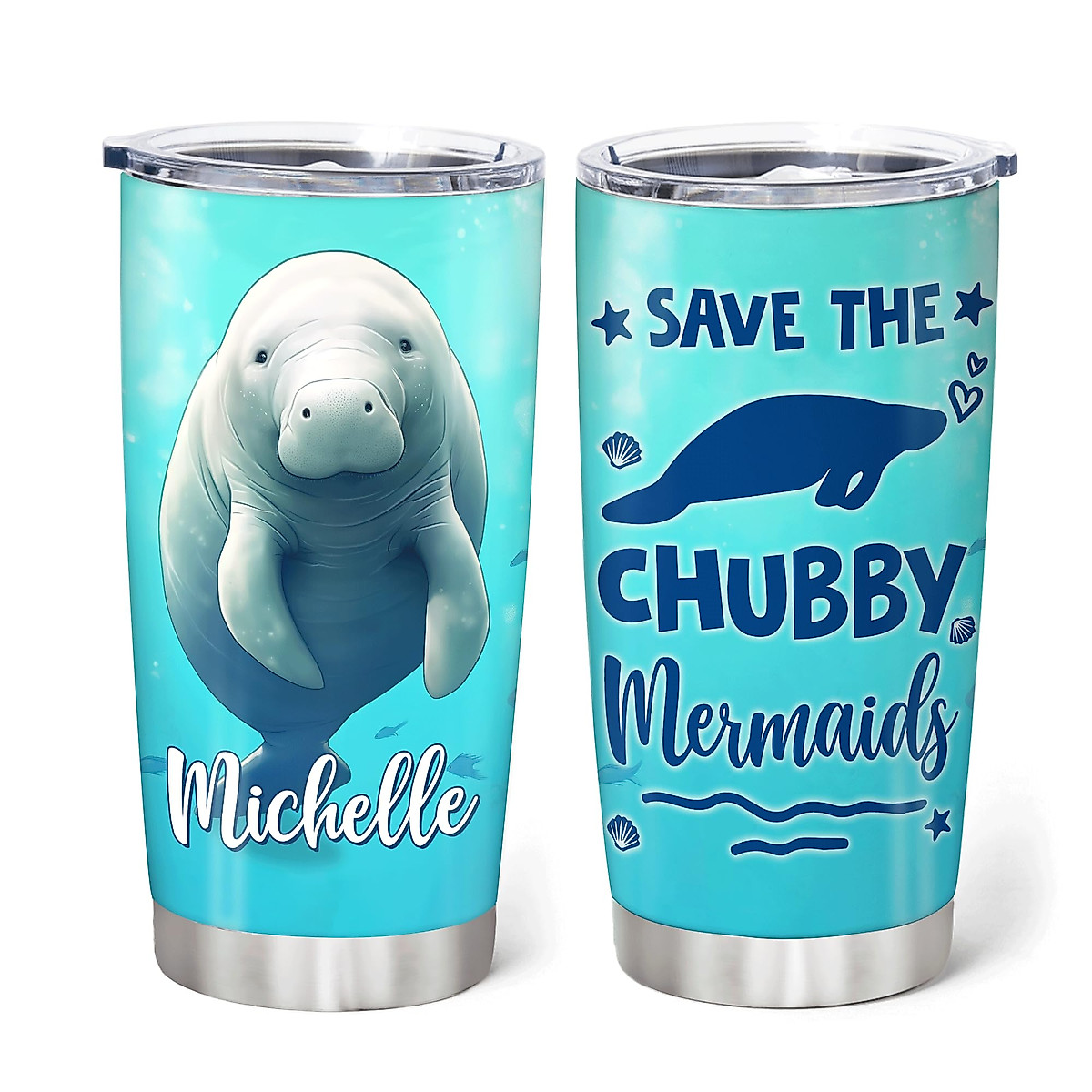 Hyturtle Personalized Gifts Manatee Lover - Save The Chubby Mermaids Customized Name Stainless Steel Tumbler 20 oz With Lid - Idea Cute Sea Animal Lover Gifts For Women, Girl On Birthday, Christmas