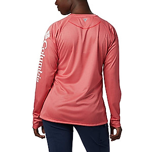 Columbia Women's PFG Tidal Tee Heather Long Sleeve Shirt, UV Protection, Moisture-Wicking, Winter Green Heather/White Logo, Medium