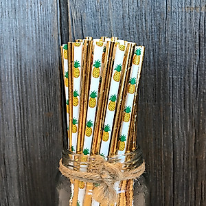 Pineapple and Gold Foil Paper Straws - Hawaiian Luau - 7.75 Inches - 100 Pack - Green Yellow Gold - Outside the Box Papers Brand