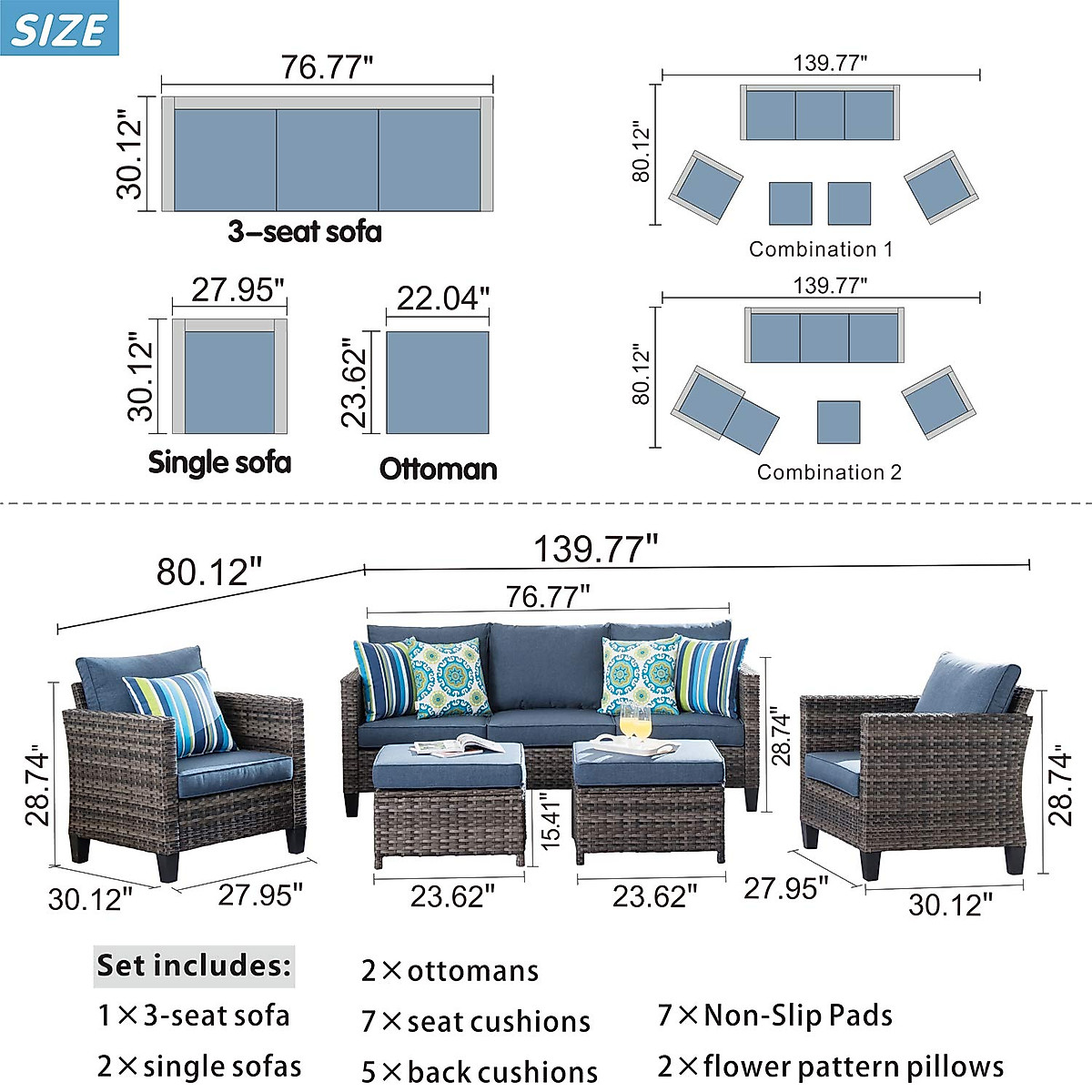 XIZZI Patio Furniture Sets Outdoor Conversation Set 5 Piece All Weather Wicker Sofa Sectional with Ottomans and 2 Pillows for Garden Backyard Deck,Grey Wicker Denim Blue