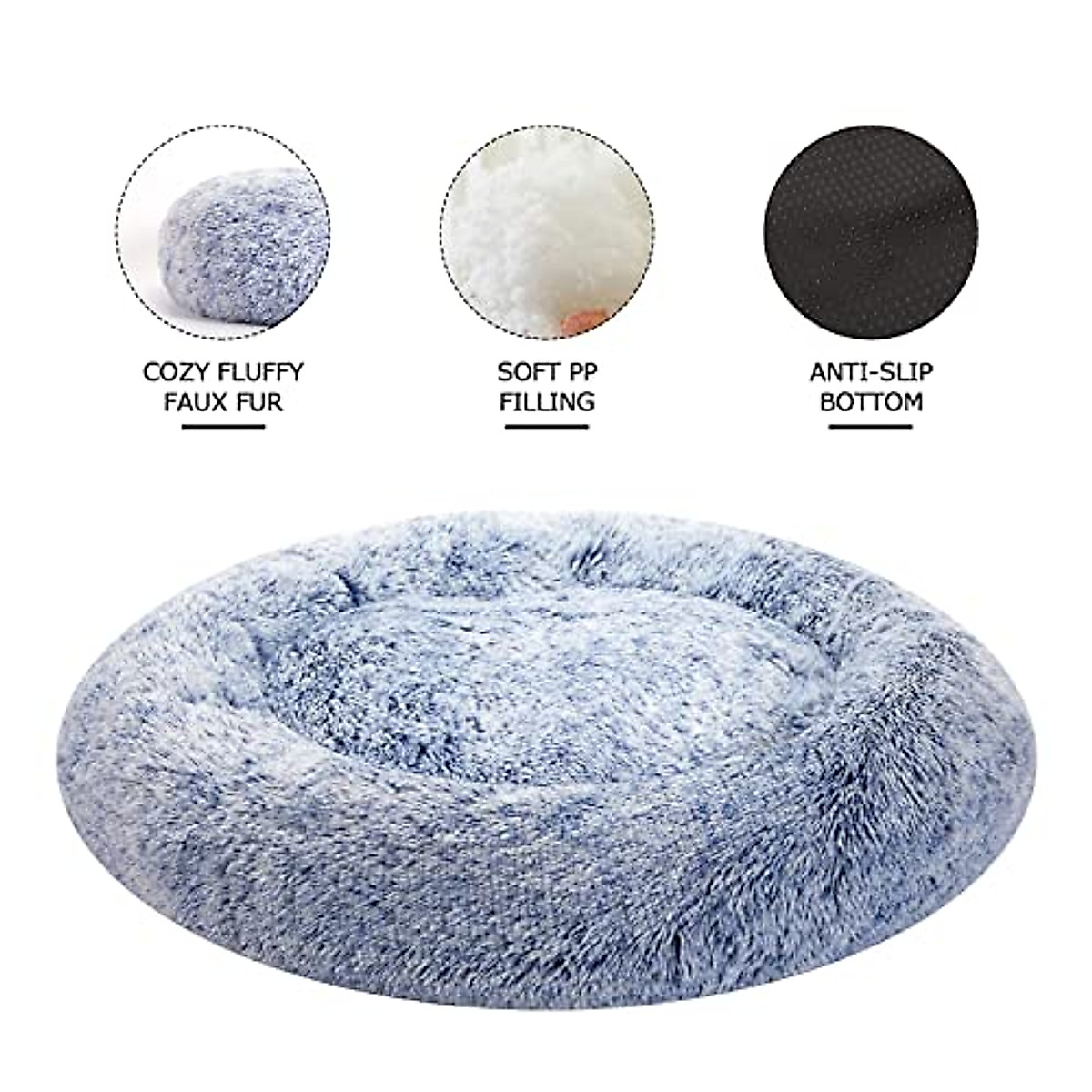 Bedfolks Calming Donut Dog Bed, 36 Inches Round Fluffy Dog Beds for Large Dogs, Anti-Anxiety Plush Dog Bed, Machine Washable Pet Bed (Navy Blue, Large)