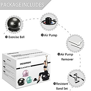 NEUMEE Exercise Ball Chair with Resistance Bands, Yoga Ball Office Chair with Stability Base for Home Gym, Workout Ball for Fitness, Large Size 65 cm (Teal)