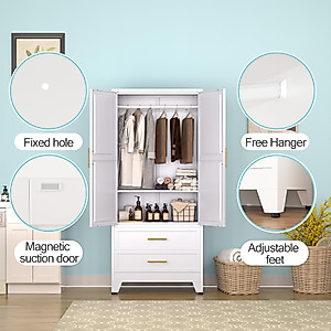 erosoei Metal Armoire Wardrobe Closet, 71 "Metal Clothing Storage Cabinet with Adjustable Shelves and Hanging Rod, Household Steel Wardrobe Storage Cabinet with Drawers (armoire-White)