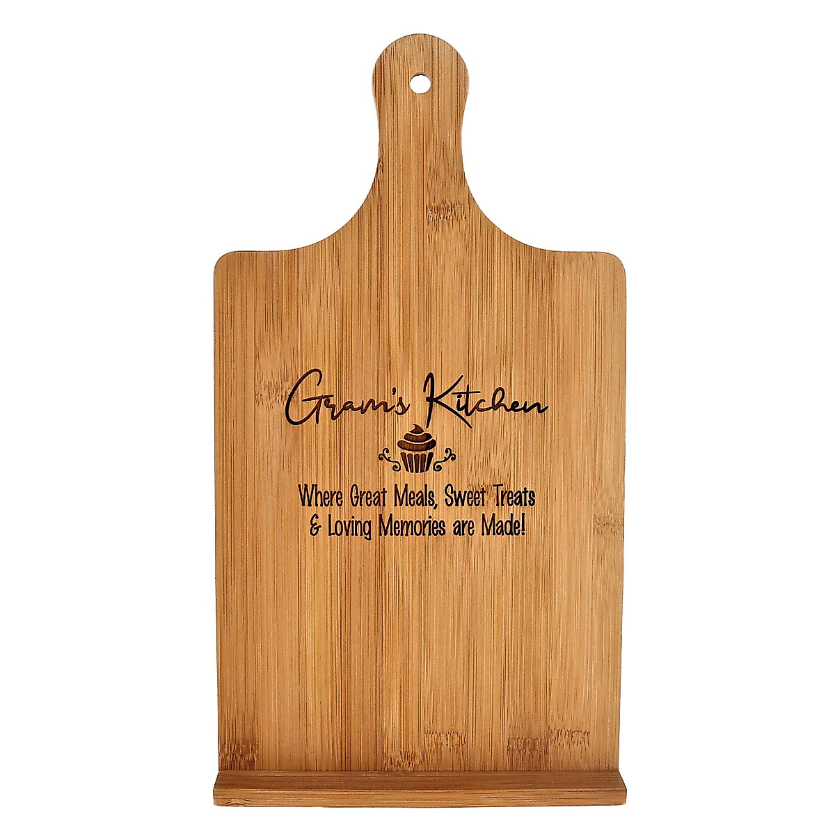 Gram’s Recipe Cookbook Holder Stand Gift - Custom Engraved Bamboo Cutting Board Foldable Chef Easel Metal Hinges Kickstand iPad Tablet Compatible Christmas Birthday Kitchen Decor Design (7.25x13.5)
