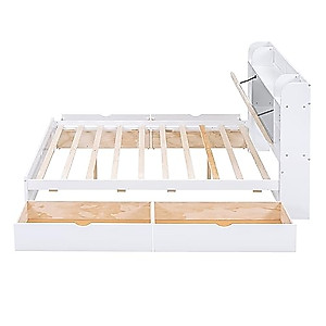 Merax Queen Size Platform Bed, Wood Queen Bed Frame with Storage Headboard, Shelves and 4 Drawers, White