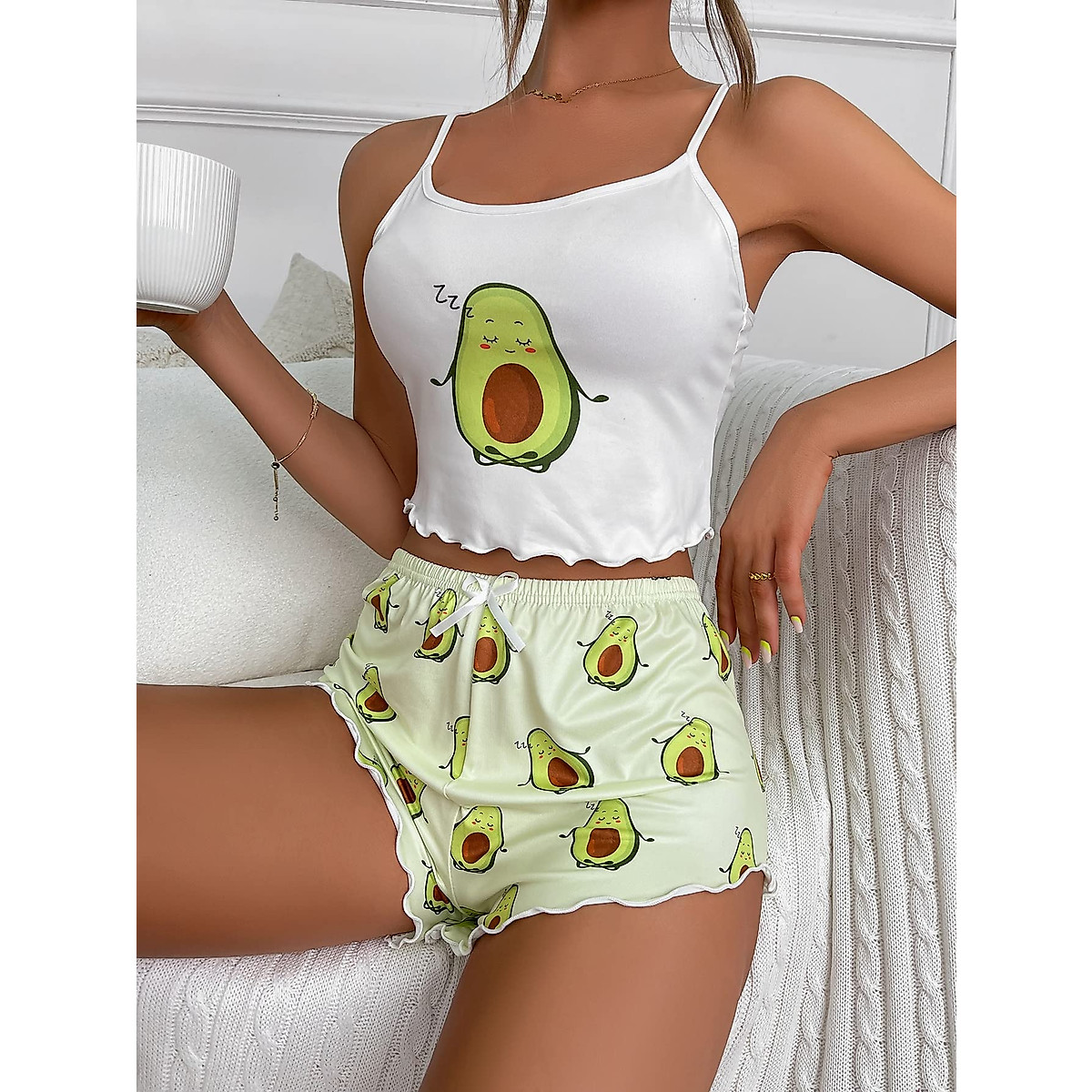 SHENHE Women's Cute Cartoon Print Crop Cami Top and Shorts 2 Piece Summer Pajama Set Avocado Green White S