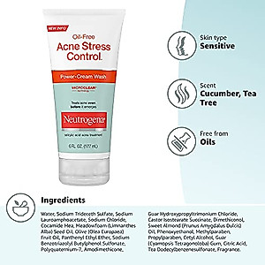 Neutrogena Oil-Free Acne Stress Control Power-Cream Face Wash with 2% Salicylic Acid Acne Treatment Medication, Soothing Daily Acne Facial Cleanser for Acne-Prone Skin Care, 6 fl. oz