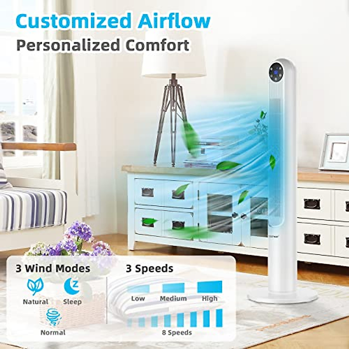 COSTWAY Tower Fan, 42-Inch Portable 80 Degrees Oscillating Fan with Remote, Smart Control Panel, 3 Wind Modes, 12H Timer, Quiet Bladeless Fan for Living Room, Bedroom, Kitchen, Office (White)