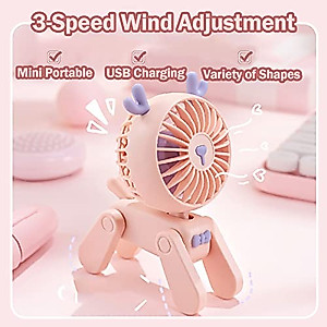 NICE POINT Mini Desk Fan for Kids,Cute Portable Rechargeable Green Puppy Table Fan, 3 Speeds Children students handheld folding Small fan for Home Office Outdoor Camping
