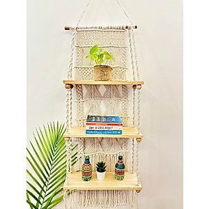 Macrame Wall Hanging Shelf Set, 3 Tier Macrame Wall Hanging Shelf for Wall Decor with Handmade Woven Rope Hanger for Kitchen, Bathroom, Home Storage