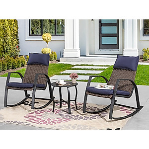 ARTLOFT 3 Piece Rocking Bistro Set Wicker Patio Outdoor Furniture Porch Chairs Conversation Sets with Coffee Table for Balcony, Garden, Backyard (Blue)