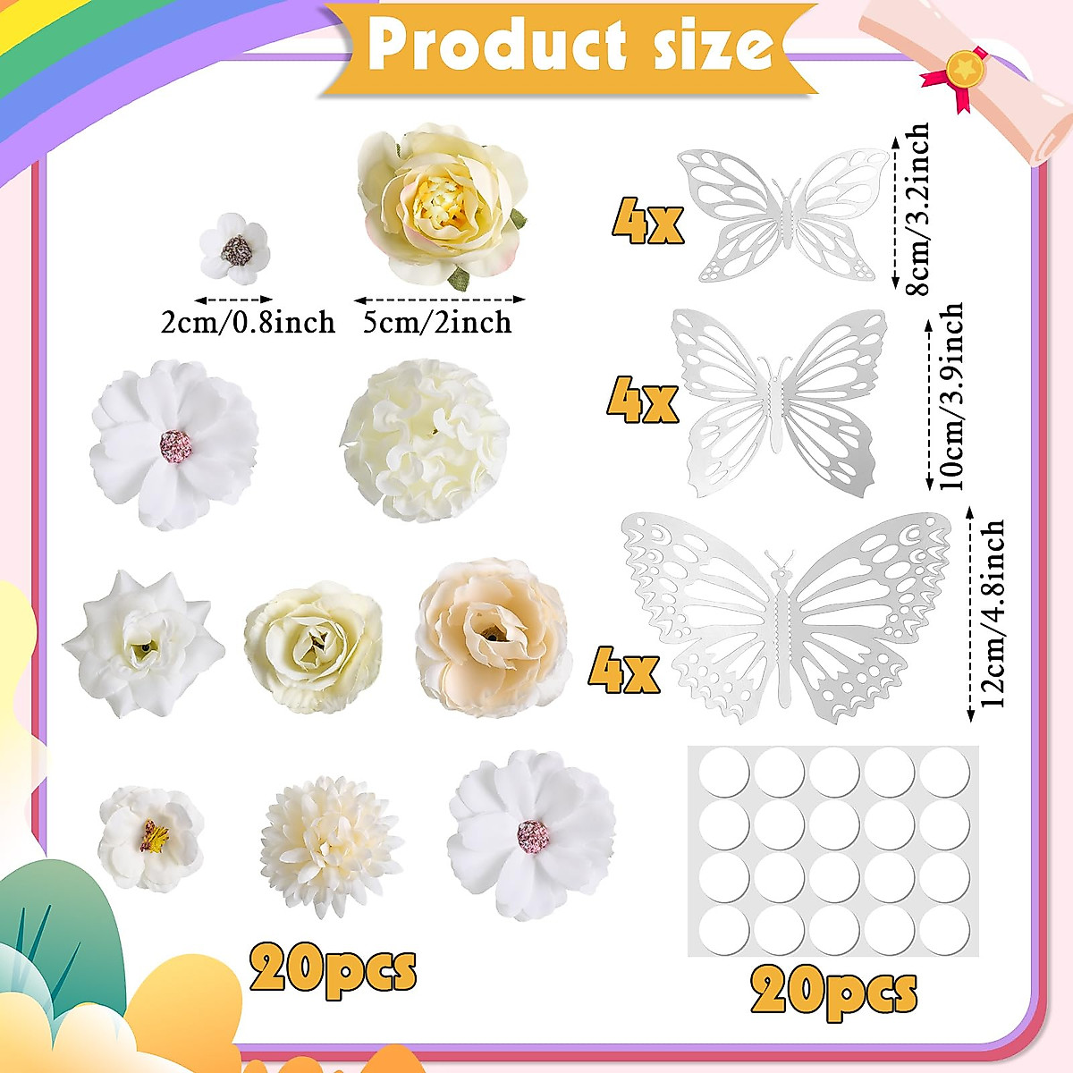 Canlierr 32 Pcs DIY Graduation Cap Decorations Accessory Kit Include Faux Flower Heads 3D Butterfly Grad Cap Decorations (White Tone)