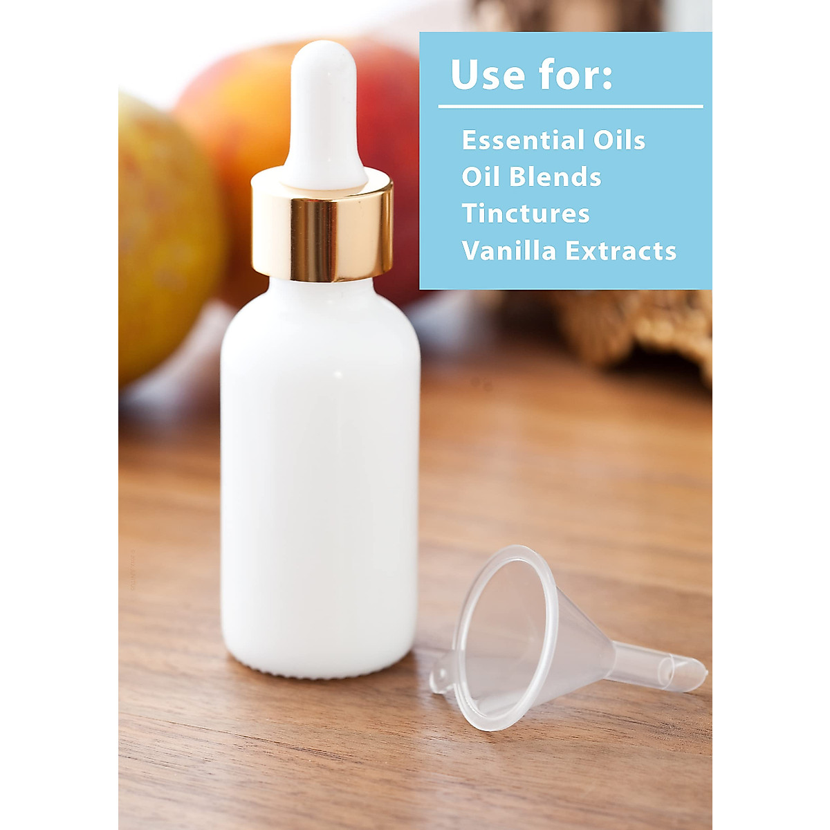 JUVITUS 2 oz Opal White Glass Boston Round Bottle with Gold Metal and Glass Dropper (12 pack) + Funnel