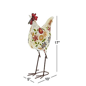 Deco 79 Metal Rooster Indoor Outdoor Distressed Standing Garden Sculpture with U Shaped Feet, 10" x 5" x 17", Cream