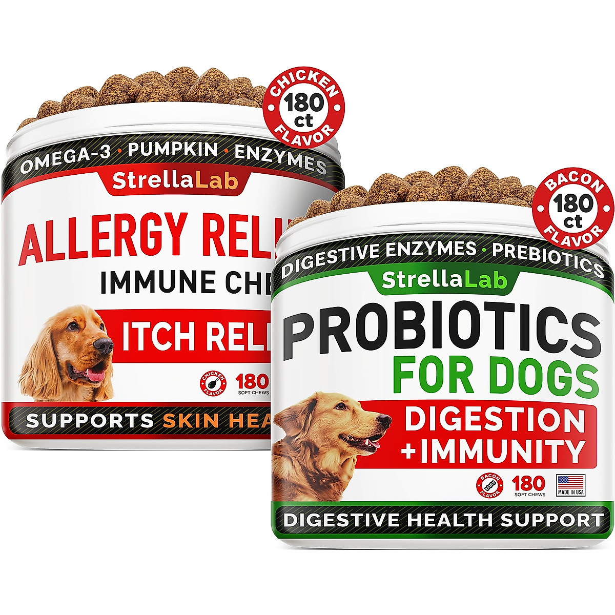 Allergy Relief + Probiotics Dogs Bundle - Itchy Skin Treatment + Digestive Enzymes - Omega 3 & Pumpkin + Prebiotics - Dogs Itching & Licking Treats + Improve Digestion - 360 Chews - Made in USA