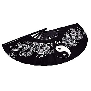Amajiji Large Rave Folding Hand Fan for Men/Women, Chinese Japanese Kung Fu Tai Chi Handheld Fan Performance Fan Festival Gift Fan Craft Fan Folding Fan Dance Fan (Black Dragon)