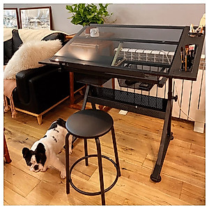 EESHHA Drawing Table Adjustable Glass Drafting Table,Versatile Art Study Table,with Storage Drawers,Art Studio Design Sketching Painting Work Station