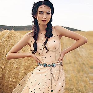 Tarpop Turquoise Belt for Women Western Concho Chain Belt Oval Round Flower Adjustable Metal Belt for Women Dresses(Blue, Round Style)