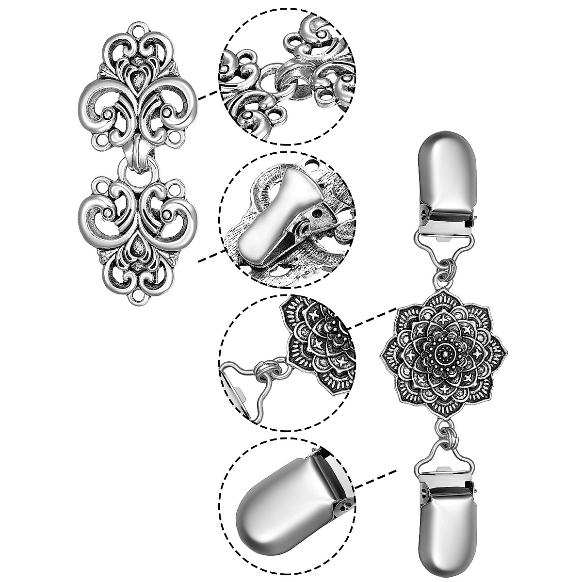 Juinte 8 Pcs Retro Sweater Clips Cinch Clips Shawl Clips Vintage Cardigan Collar Clips Dress Shirt Brooch Clips for Women(Silver)