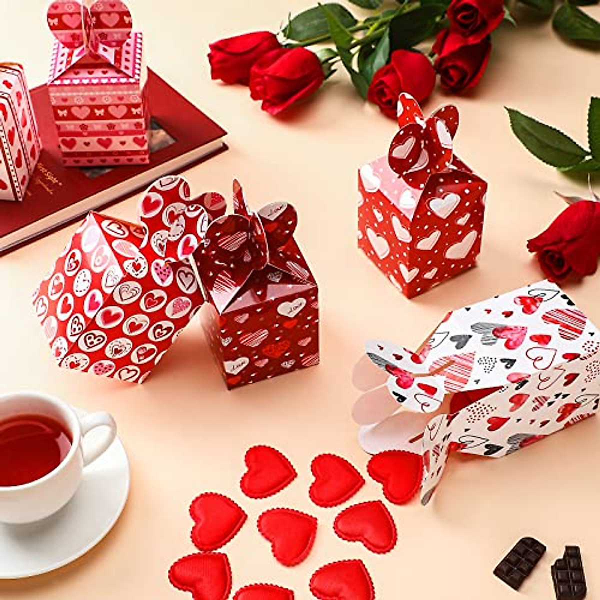 24 Pieces Valentines Day Cookie Boxes Valentines Day Cupcake Boxes Small Valentine Treat Box Paper Valentines Candy Boxes Decorative Heart Print Boxes for Valentine's Day Party Favors, 6 Styles