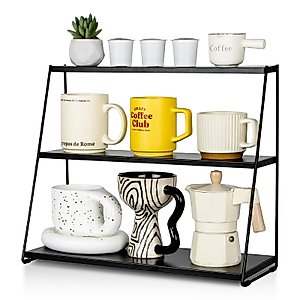 PUERSI Coffee Mug Holder, Mug Display Rack for Countertop, Metal Coffee Cup Holder, 3 Tier Mug Shelf for Coffee Bar, Coffee Station Accessories, Coffee Bar Organizer for Kitchen, Office, Home - Black