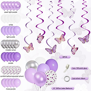 72Pcs Purple Birthday Party Decorations for Girls Women, Lavender Purple and Sliver Butterfly Party Decorations Supplies Balloons Happy Birthday Banner Circle Dots Paper Lanterns Pom Hanging Swirls