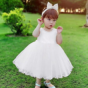 NSSMWTTC Baby Infant Girls Easter Dress Toddler Tutu Gown Ruffles Christmas Formal Party Dresses with Headwear (White,70)