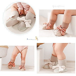 WATOCHE Baby Girl Socks Look Like Shoe Toddler Ant-slip Socks with Grips Baby Long Socks with Cute Bows Floor Shoes Socks(Coffee+Kaqi Bow,0-6M)