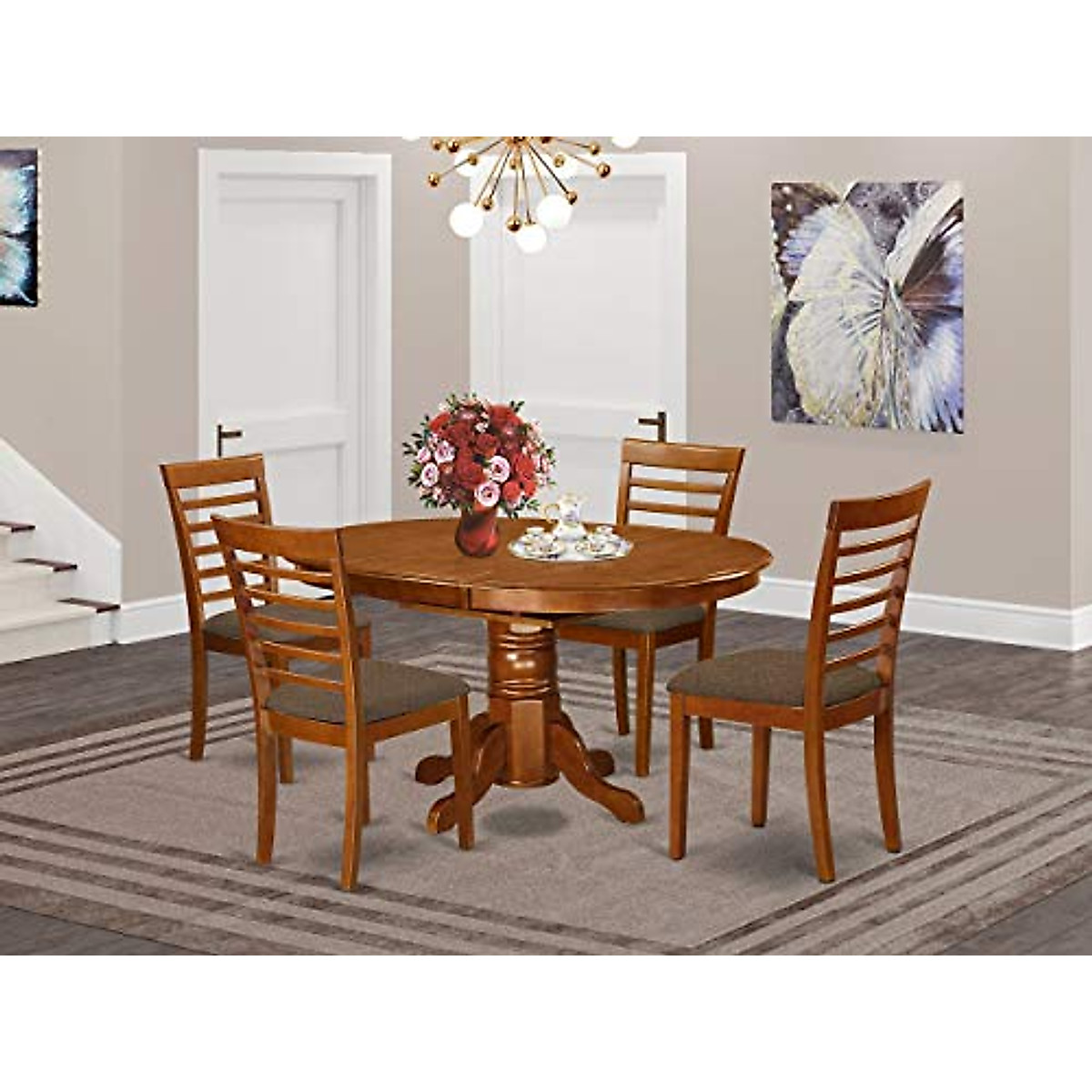 East West Furniture Avon 5 Piece Dinette Set for 4 Includes an Oval Room Table with Butterfly Leaf and 4 Linen Fabric Upholstered Dining Chairs, 42x60 Inch, Saddle Brown