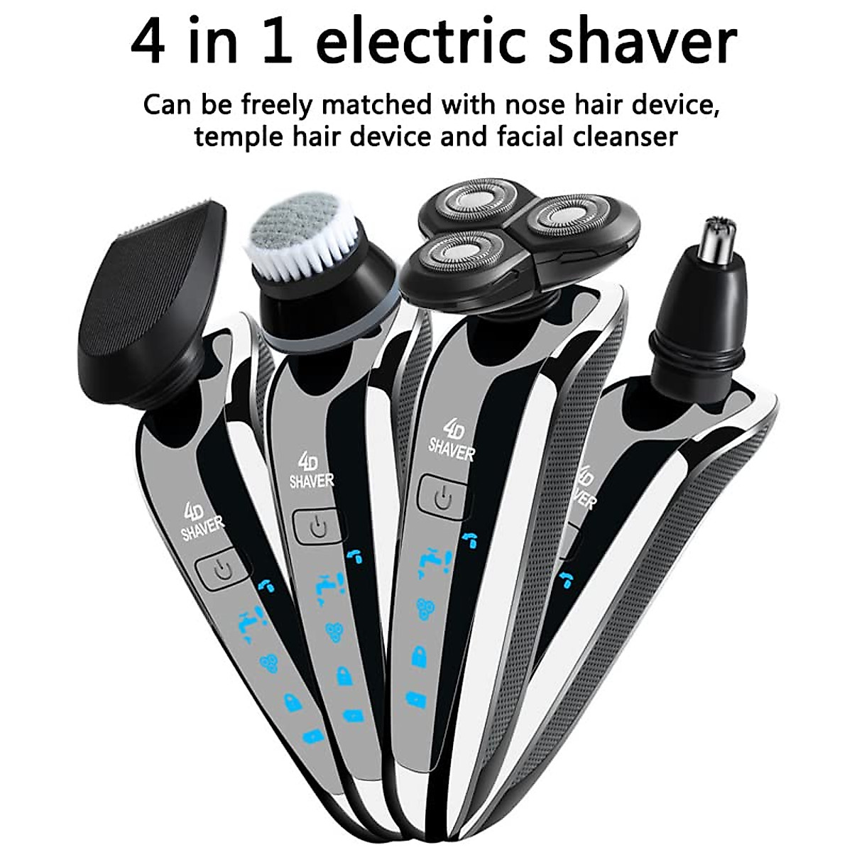 Electric Razor for Men, Wet Dry IPX7 Waterproof, 4 in 1 Rotary Shavers Beard Nose Mustache Trimmer Face Cleaning Brush