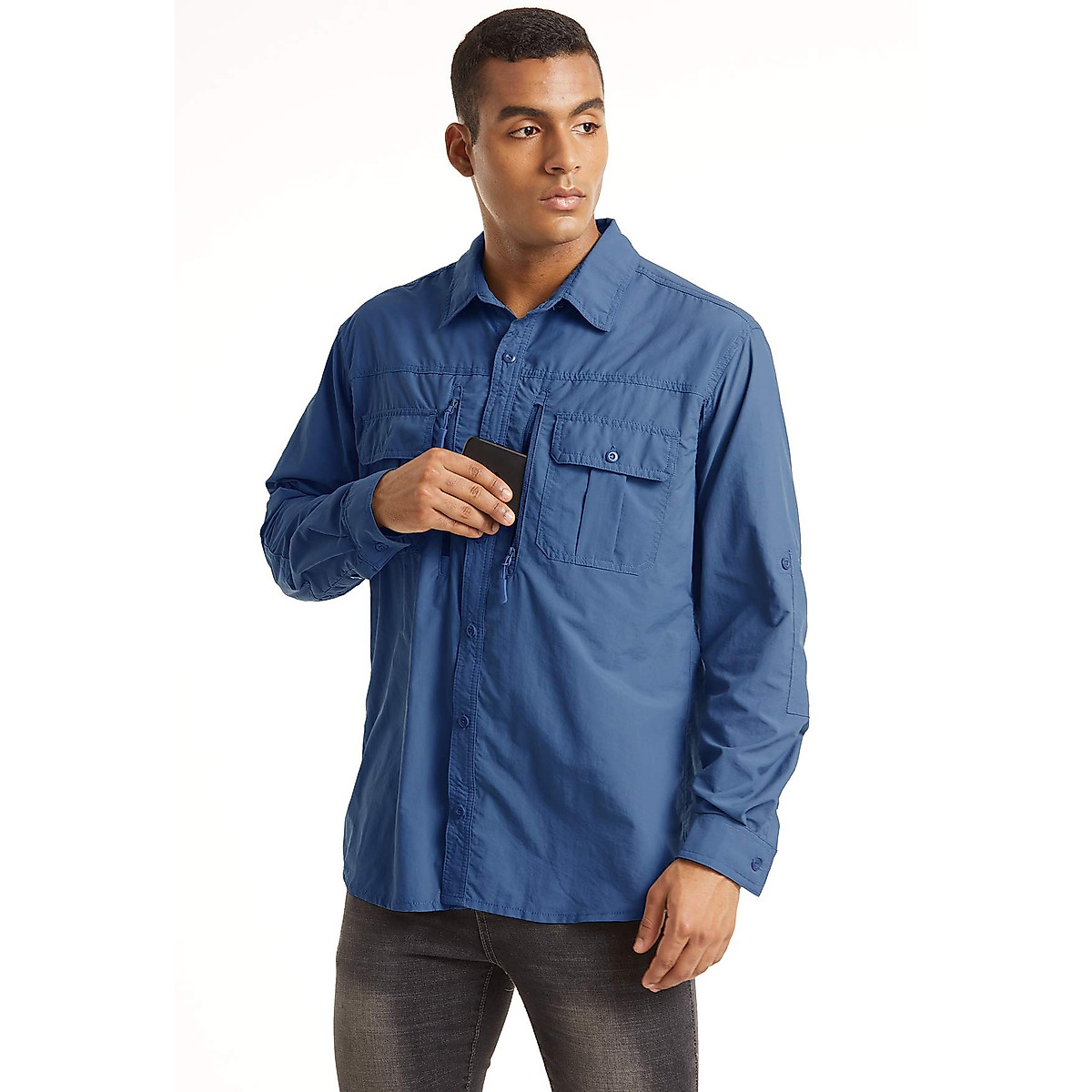 TACVASEN Men's Tactical Shirts Quick Dry UV Protection Long Sleeve Hiking Fishing Button Shirts Royal Blue, L