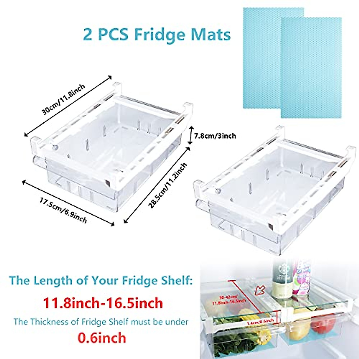 Refrigerator Organizer Bins with Handle - Farochy 2PCS Pull-out Fridge Drawer Organizer Refrigerator Storage Box Refrigerator Egg Drawer