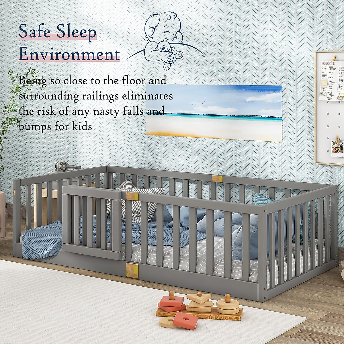 Tatub Montessori Twin Floor Bed with Safety Guardrails, Door Installs Left or Right - Grey Wood Frame