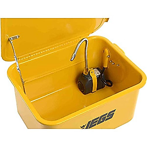 JEGS 5-Gallon Portable Parts Washer - 3.5 Gallon Parts Washer Solvent Capacity - 3.96 Gallon Per Minute Max Parts Washer Pump Output - Heavy Duty Steel - Powder Coated Yellow with JEGS Logo