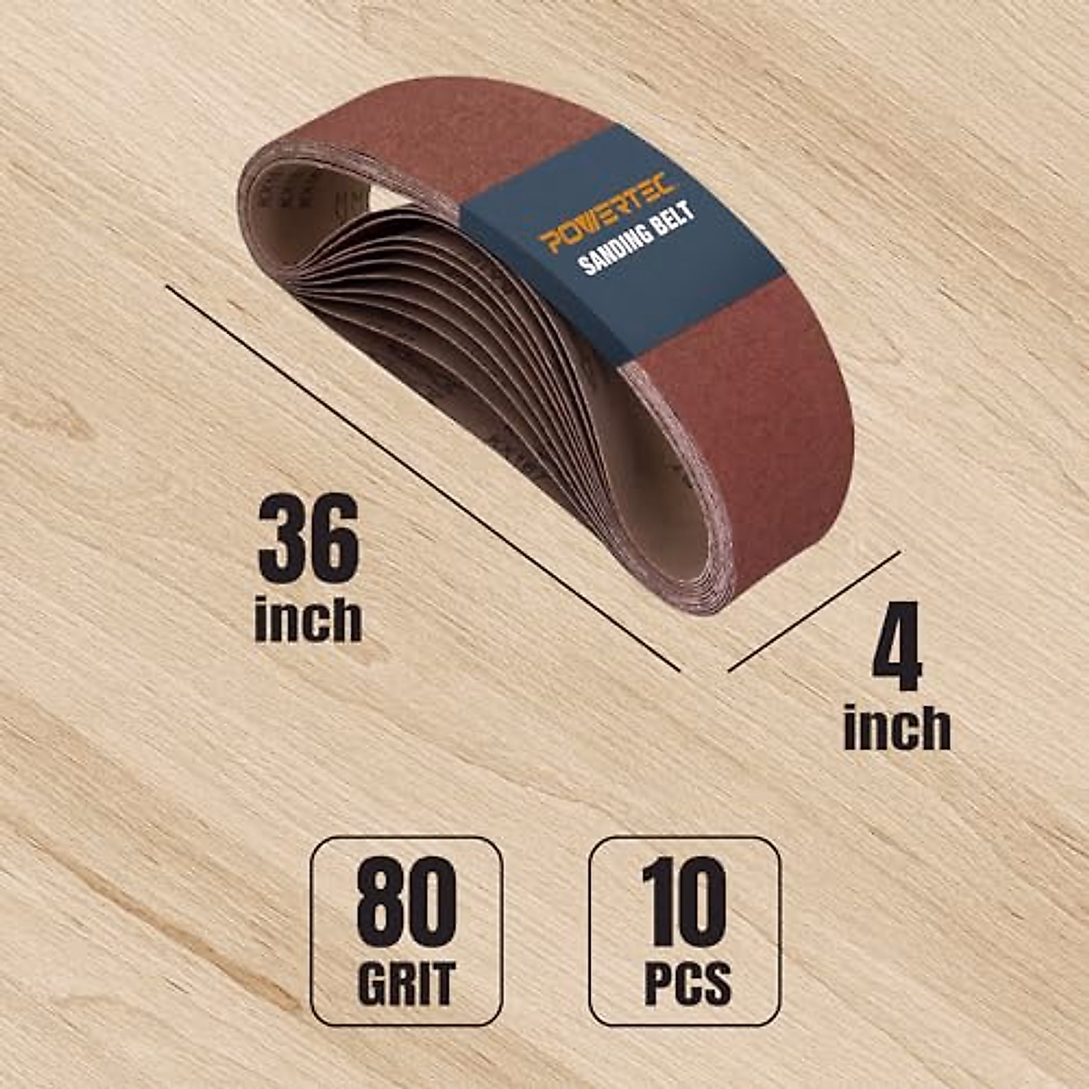 POWERTEC 110680 4 x 36 Inch Sanding Belts | 80 Grit Aluminum Oxide Belt Sander Sanding Belt | Sandpaper for Belt and Disc Sander – 10 Pack