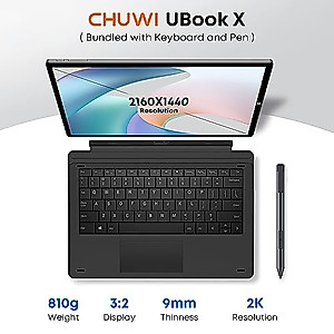 CHUWI UBook X 12'' Windows 11 Tablet, 12GB RAM 512GB ROM,1TB Expand, i5-10210Y Up to 4GHz, 2-in-1 Touchscreen Tablet Bundled with Keyboard & Pen, 2160X1440 IPS,HDMI,Type C/WiFi 5/Webcam/38WH