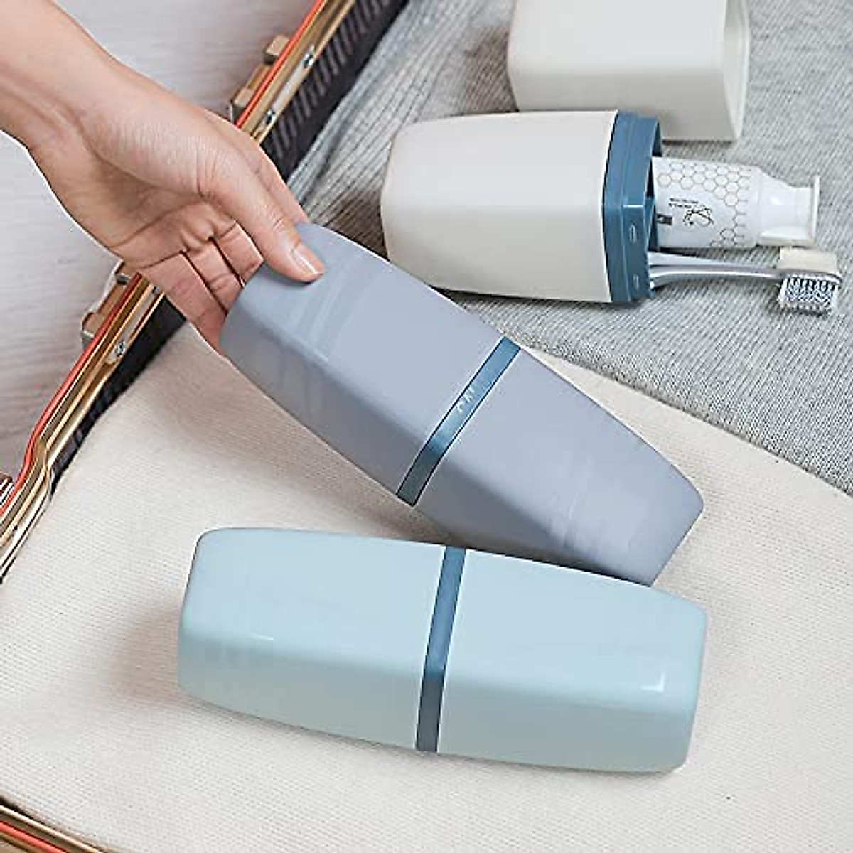 Portable Travel Toothbrush Case, 3 in 1 Toothpaste Holder with Cover, Multi-Functional Wash Cup Container for Traveling, Camping, School, Business Trip (Powder Blue)