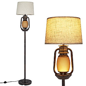 Suraielec Farmhouse Floor Lamp with Night Light, Rustic Standing Lamps for Living Room, Beige Linen Drum Lampshade, Oil Rubbed Bronze Finish, Traditional Floor Lamps for Bedroom Home Decor,Foot Switch