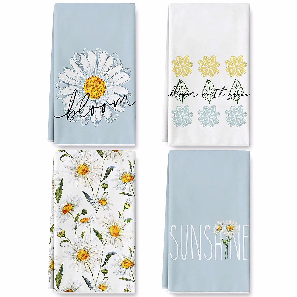 AnyDesign Watercolor Daisy Flower Kitchen Dish Towel Sunshine Blessed Bloom Spring Dishcloth 18 x 28 Inch Blue White Floral Bloom Hand Drying Tea Towel for Cooking Cleaning Wipes Supplies, Set of 4