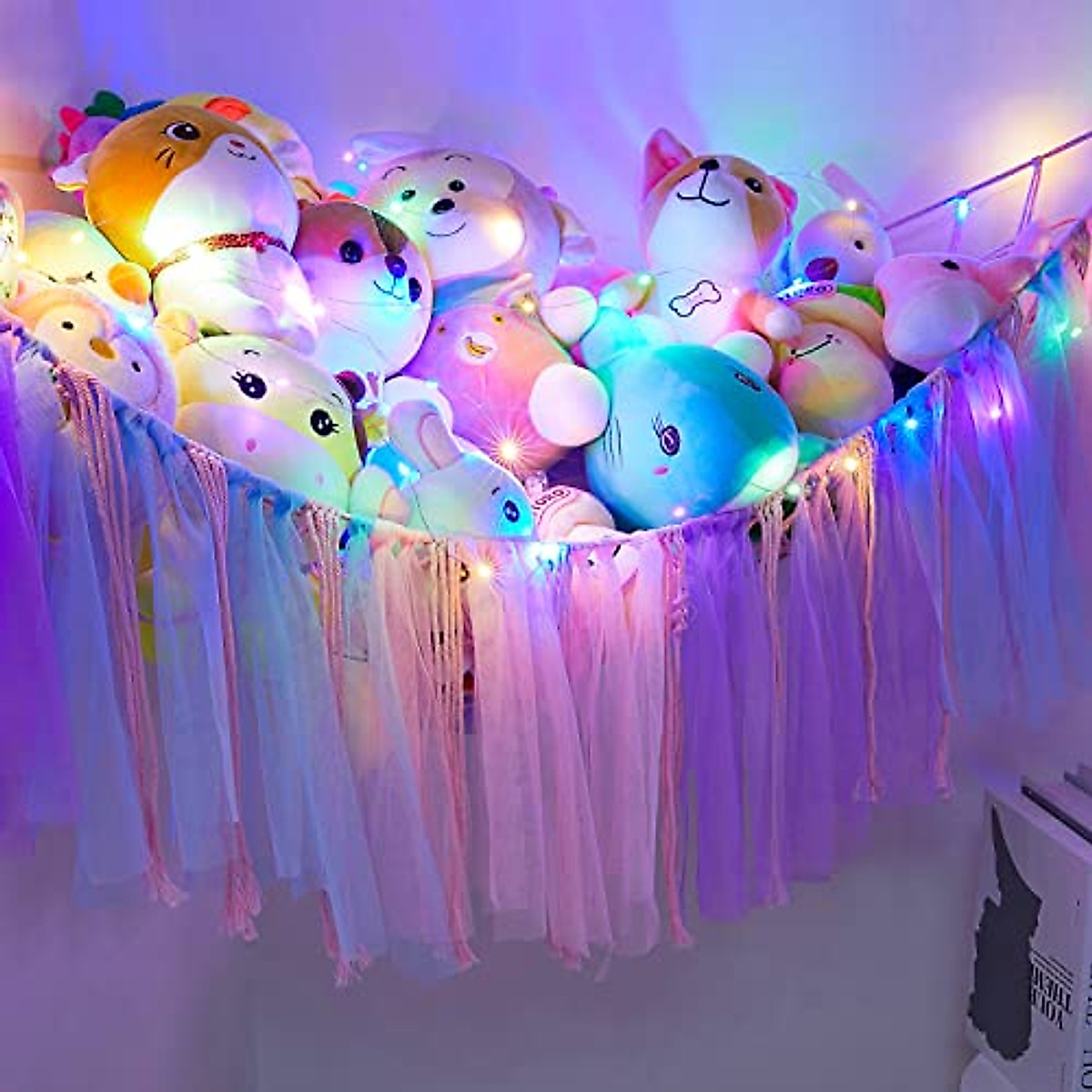 Unicorn Castle Stuffed Animals Hammock Net Kids Toy Storage With Led Light Stuffed Animals Holder Coner Hanging Toy Organizer For Nursery Kids Cute Room Decor