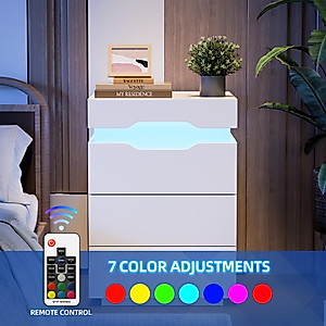 Furniwell LED Nightstand with Charging Station, End Table with 3 Drawers, Night Stand Bedside Table with Sliding Top for Bedroom and Living Room, White