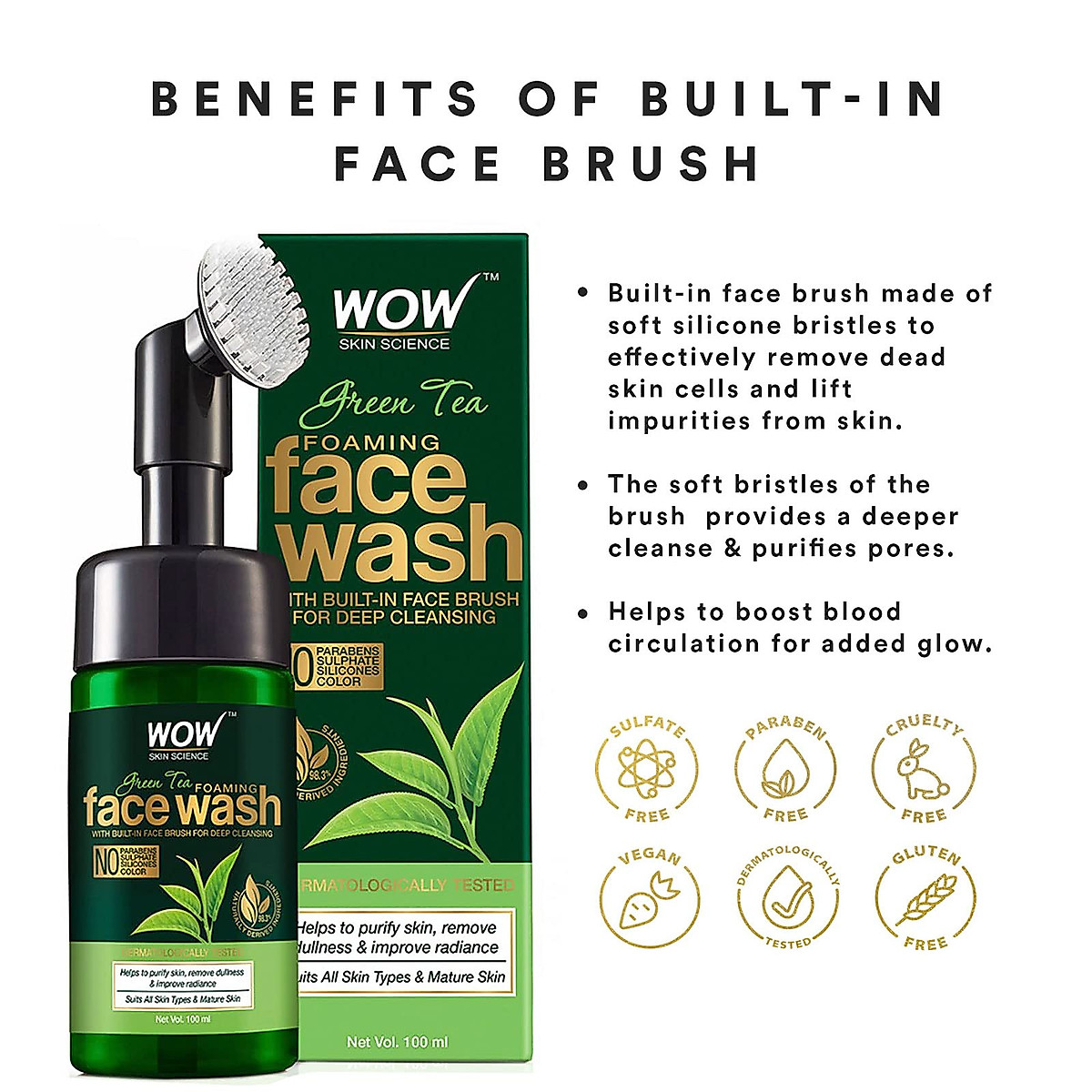 WOW Skin Science Green Tea Foaming Face Wash w/Soft Brush- Refreshing, Clarifying Facial Cleanser with Antioxidant Green Tea & Aloe Vera Extract - All Skin Types (100 ml)