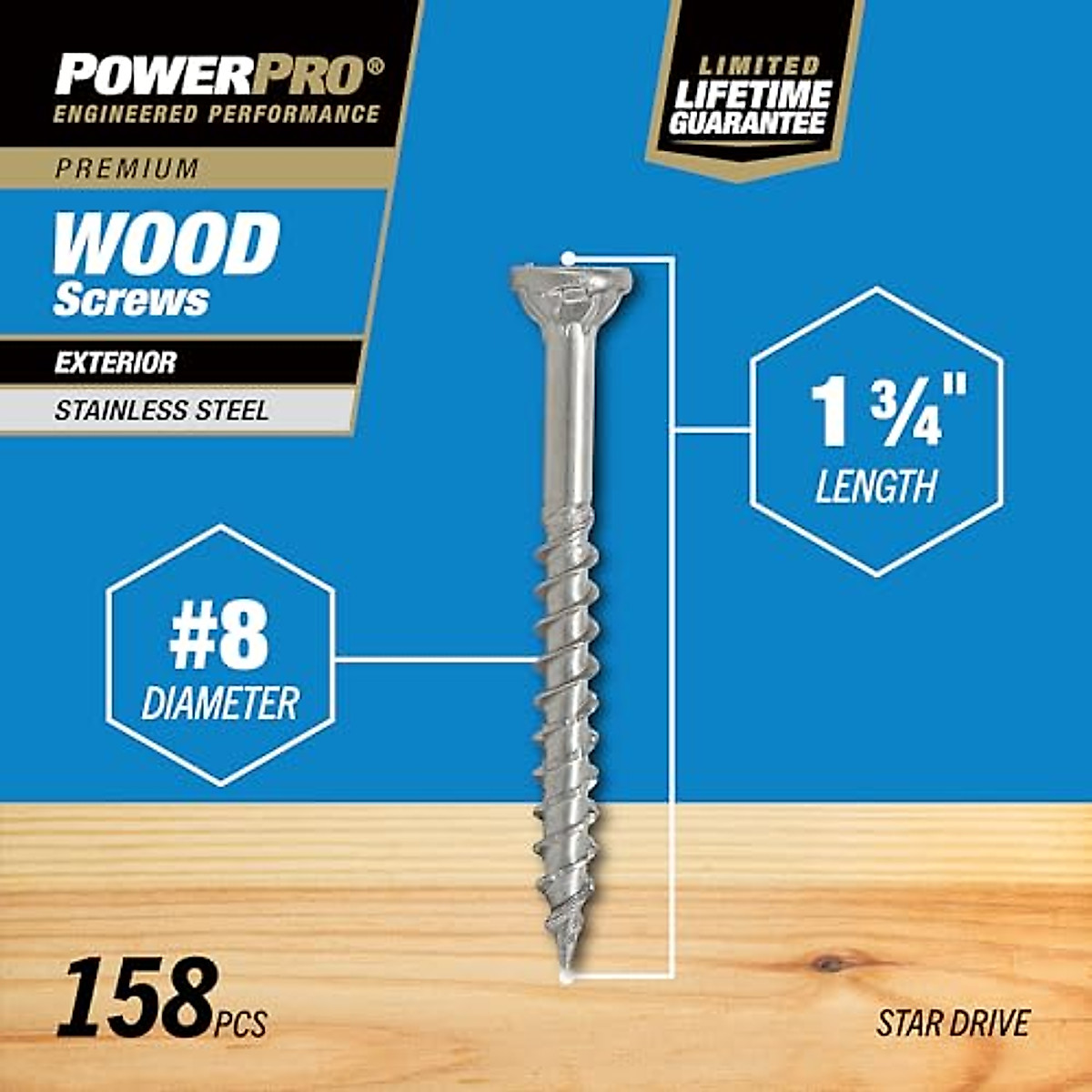 Power Pro Premium 305 Stainless Steel Wood Screws (#8 x 1-3/4") - 1lb Box