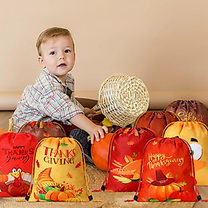 Paterr 16 Pcs Fall Favor Bags Bulk Thanksgiving Drawstring Bags Maple Leaf Carnival Candy Bags Pumpkin Gift Bags Autumn Goodie Treat Bags for Classroom Harvest Fall Birthday Party Decor,10 x 12 Inch
