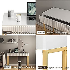 White Vanity Desk with 2 Drawers, Gold and White Desk,Home Office Desk Modern Makeup Vanity Table, Entryway Console Table, Sofa Table (Golden Legs)